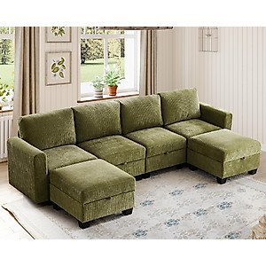 ABCASA 118" Modular Sectional Couches for Living Room, No Compressed No Sagging, 6 Seat Sofa Couch with Storage, Easy to Install - Corduroy Green
