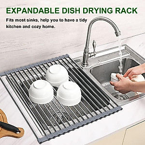 Sindax Roll Up Dish Drying Rack, 23‘’x13'' Stretchable Stainless Steel Over The Sink Dish Rack Multifunctional Foldable Over Sink Rack with Utensil Holder for Kitchen