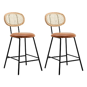 Amadi Counter Stools Rattan Back Dining Chair, Indoor Faux Leather Bar Stools Set of 2, Armless Dining Chairs with Rattan Backrest, Modern Metal Counter Height Barstools for Home Whiskey Brown,24"