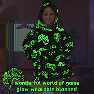 REXEO Wearable Blanket Hoodie for Kids Fleece Sweatshirt Blanket Gamer Gifts for Boys Girls Flannel Hooded Blanket with Pocket and Sleeves for Kids
