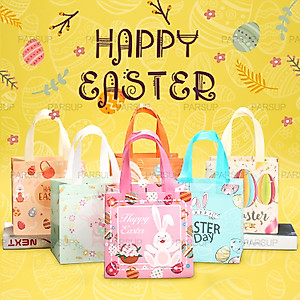 6PCS Easter Egg Hunt Bags Happy Easter Bunny Carrot Chick Egg Gift Bags with Handles, Easter Treat Bags, Multifunctional Non-Woven Easter Bags for Gifts Wrapping, Egg Hunt Game, Easter Party Supplies , 8.3×7.9×5.9inch