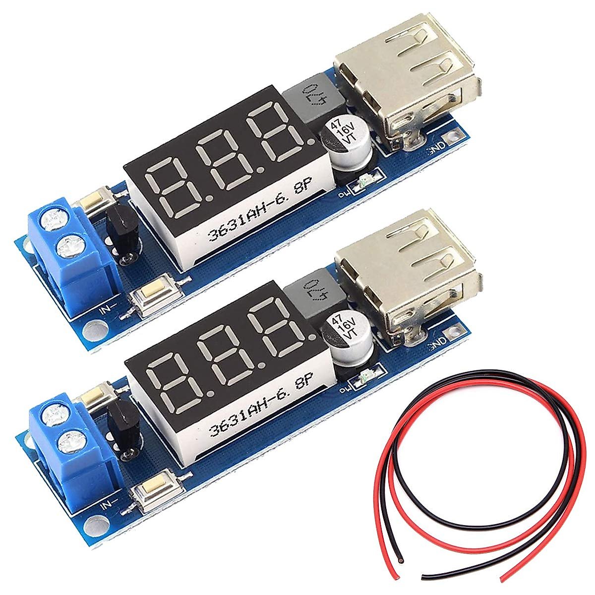 DAOKI 2 Pack DC-DC Buck Voltage Converter 6.5-40V to 5V 2A Step-Down USB Output Voltmeter Module Low Power Transformer with LED Display, 24AWG Wire