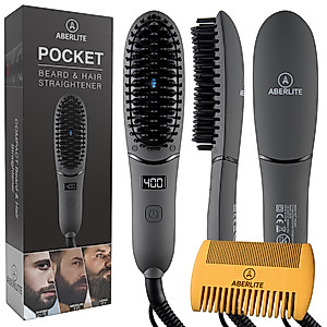 Aberlite Pocket - Compact Beard Straightener for Men - Ionic & Anti-Scald Technology - Beard Straightening Heat Brush Comb Ionic - for Home and Travel