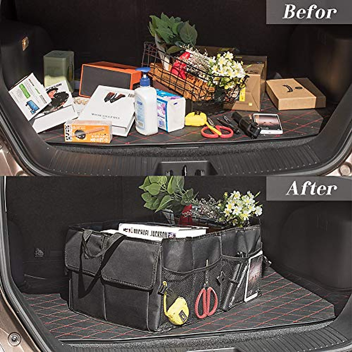 JiatuA Car Trunk Organizer, Trunk Organizer for SUV, 8 Pocket Backseat Trunk Organizer, Waterproof, Dust-proof, Durable Foldable Cargo Net Storage for More Trunk Space with Adjustable Straps, Black
