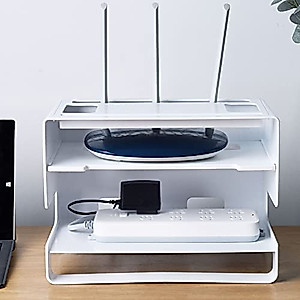 RDBSMGX Multi-Function Router Storage Box Double-Layer Design Router Storage Box Panel Hollow and Breathable Abs Material Removable Front Panel Multiple Openings on The Top Design