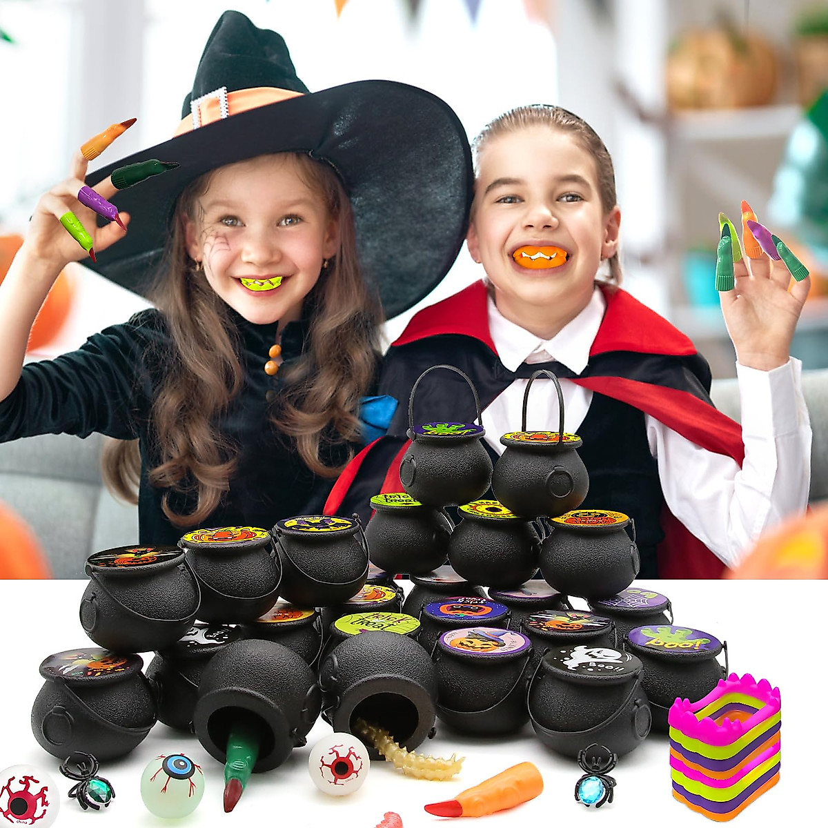 168 PCS Halloween Party Favors 24 Pack Prefilled Small Plastic Witch Cauldron Halloween Toys in Bulk Halloween Prizes Gifts for Kids Trick or Treat Halloween Goodie Bag Fillers Party Favor Toys