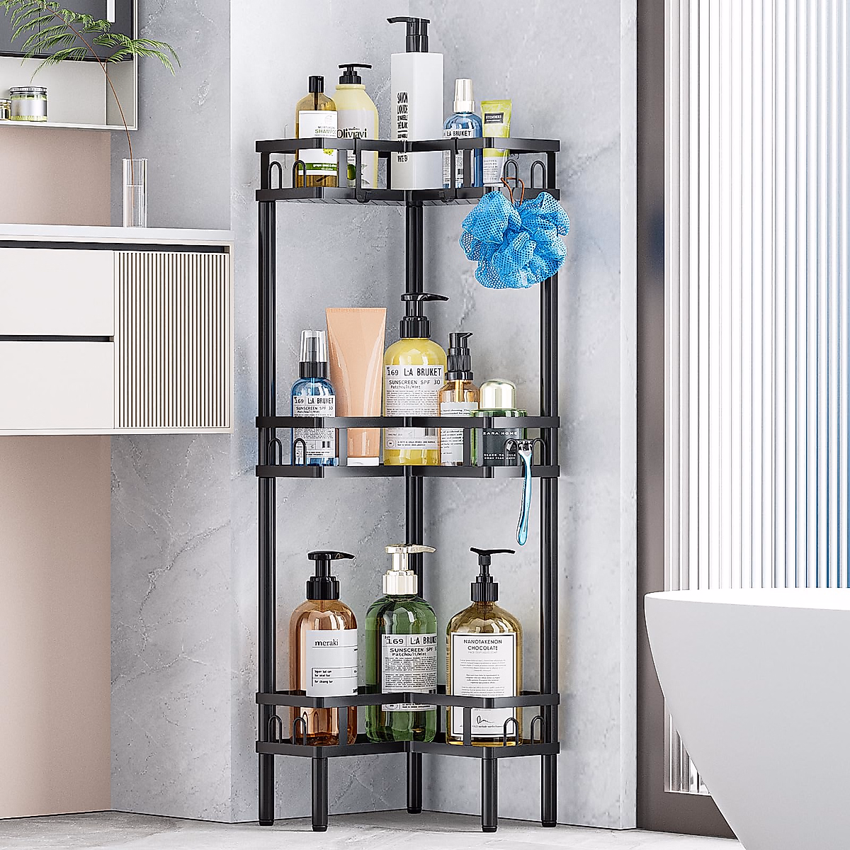 Kufutee Standing Shower Caddy Corner, 3 Tier Stainless Steel Shower Organizer Stand with Sturdy Metal Plate, Rustproof Bathroom Corner Shelf Floor Shower Stand