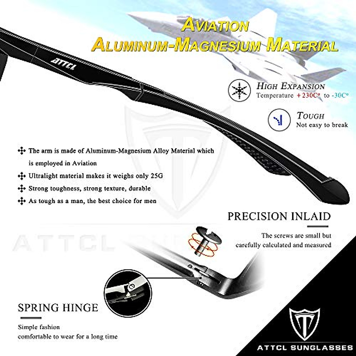ATTCL Polarized UV Protection Sports Fishing Driving Sunglasses for Men Al-Mg Metal Frame Ultra Light 8585 Black