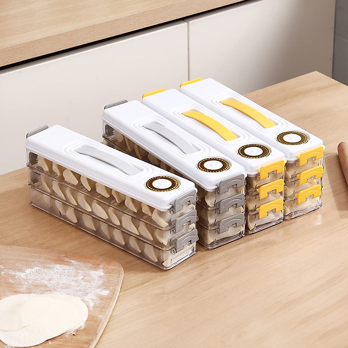 Dumpling Box Refrigerator Organizer Stackable Storage with Lids and Handle, Portable Multi Layer Quick Frozen Food Storage Container for Kitchen Fridge(4 Layer)