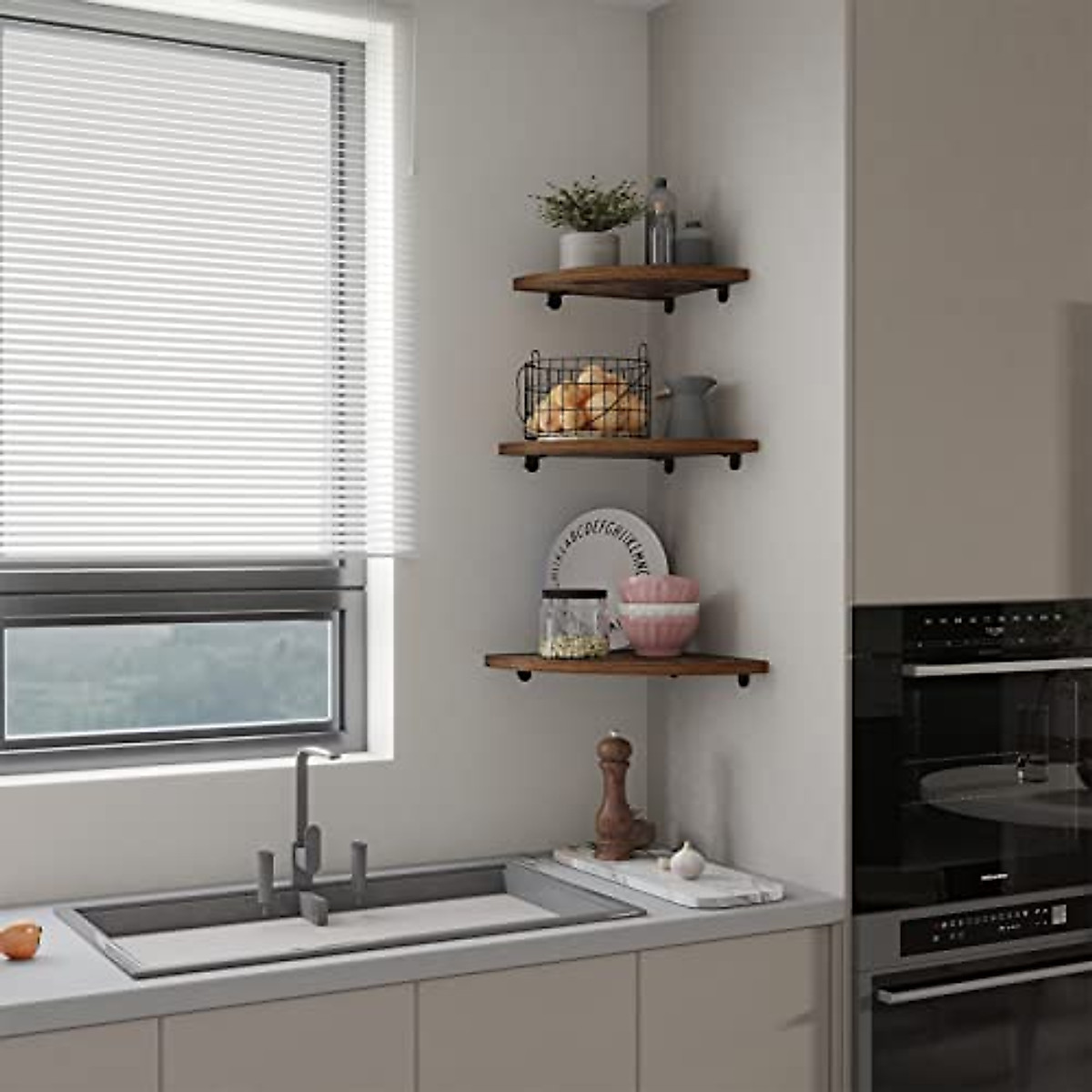 WIFTREY Wall Mount Floating Corner Shelves Set of 3, Hanging Rustic Wall Storage Corner Shelf for Bedroom, Living Room, Bathroom, Kitchen