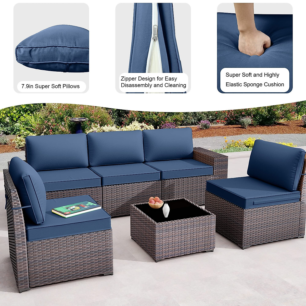 Piltwoff 6 Pieces Outdoor Furniture Patio Set,Modern All-Weather Wicker Patio Conversation Sets with 5 Black&Brown Chairs and Coffee Table, Cushion sets for Garden/Backyard/Balcony(Navy Blue)