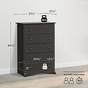 Prepac Sonoma Traditional 5-Drawer Tall Dresser for Bedroom, Functional Bedroom Dresser Chest of Drawers 17.75" D x 31.5" W x 44.75" H, Washed Black