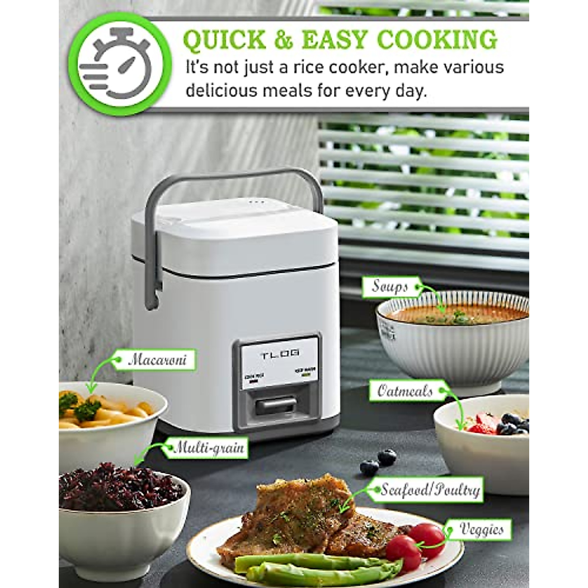 TLOG Mini Rice Cooker 2.5-Cup Uncooked(5-Cup cooked), Healthy Ceramic Coating 1.2L Small Rice Cooker for 1-3 People, Portable Travel Rice Cooker with Steam Tray, Rice Maker for Grains, White Rice, Oatmeal, Veggies