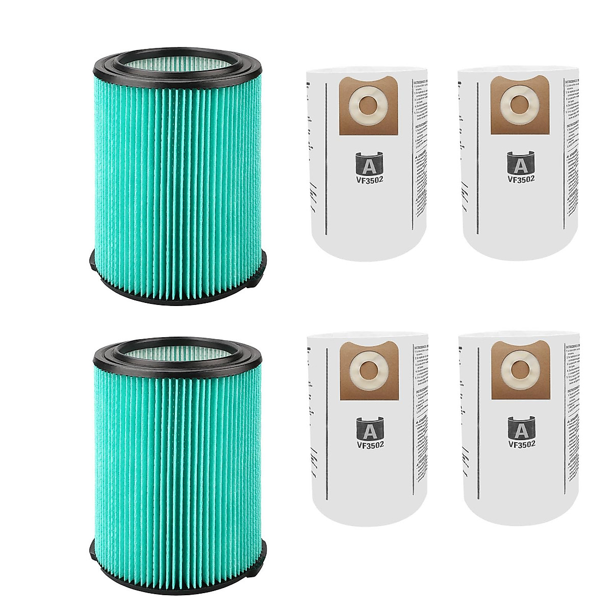 PIGUOAT VF6000 5-Layer Filter for Ridgid 5-20 Gallon Wet Dry Vac Vacuums WD5500 WD0671 WD6425 WD7000 WD1280 WD1851 WD1680 WD1956 RV2400A 1400RV, For Husky 6-9 Gallon Vacs (2 Filters 4 Bags)