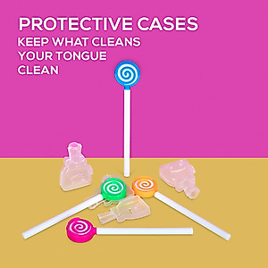 Kids Tongue Scraper or Cleaner Set – BPA-Free Plastic Dental Scrapers Helps Freshen Bad Breath, Remove Gunk – Multicolored with Easy-to-Grasp Handles and Brush Covers by 55Dental, Ages 2+ (Pink)