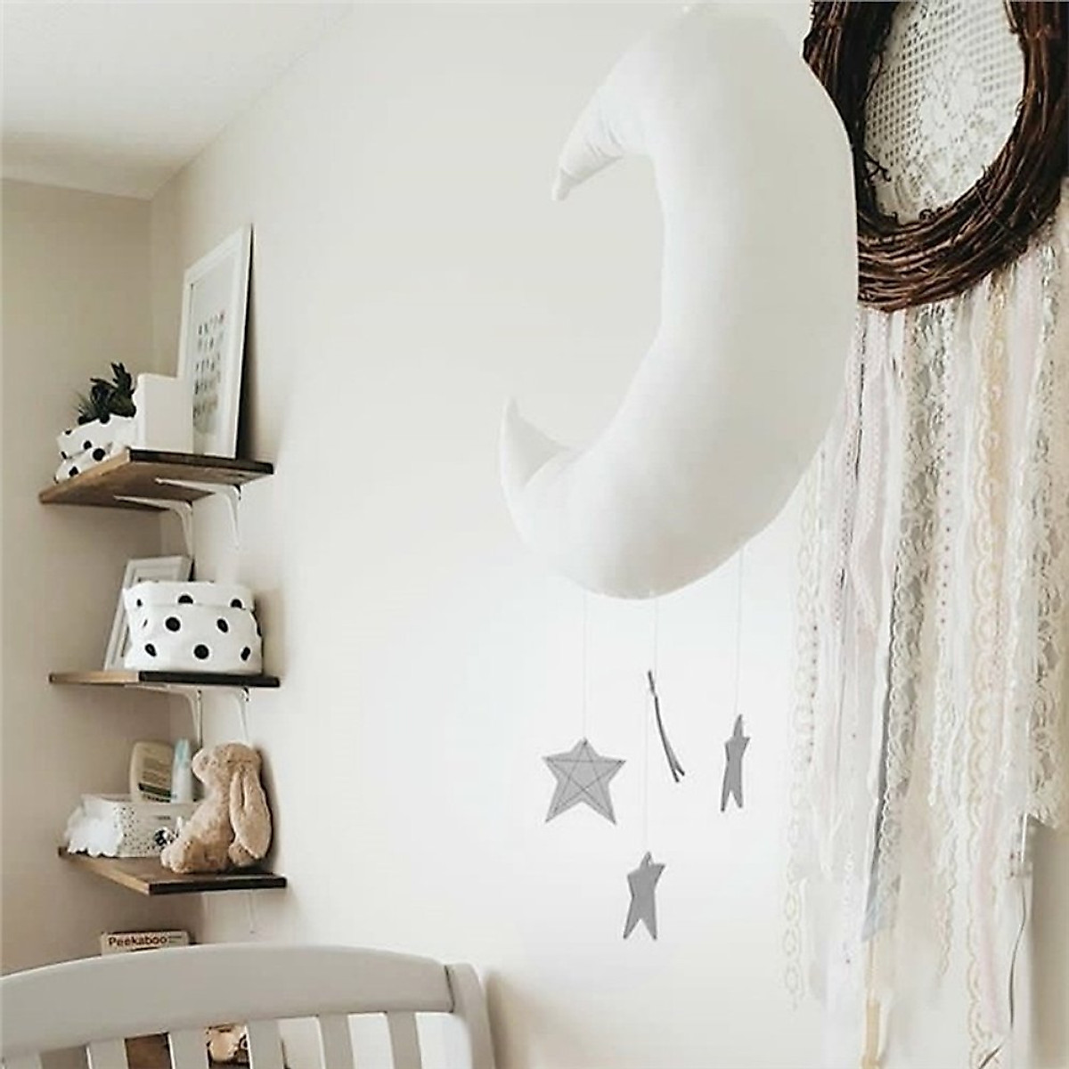 Braceus Wall Backdrop Children Room Hanging Moon Stars Stuffed Decor for Baby Bedroom (Pink + Silver)