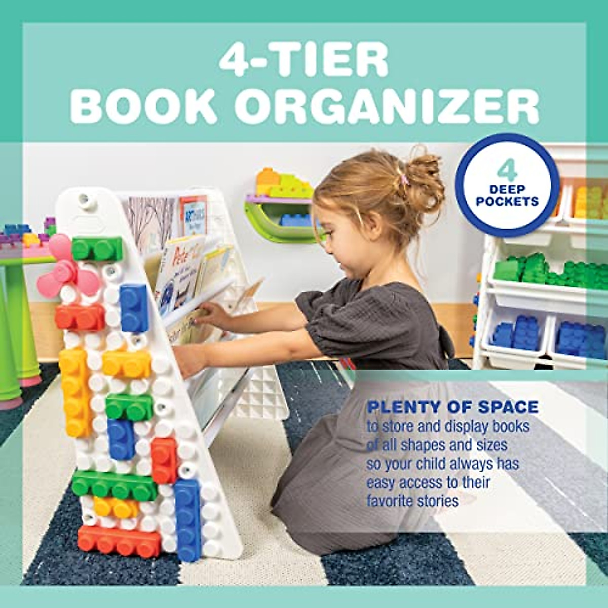 UNiPLAY Kids 4-Tier Book Storage Organizer with Sling Book Pockets, Plastic Sling Rack Bookshelf for Playroom, Fits Blocks, White