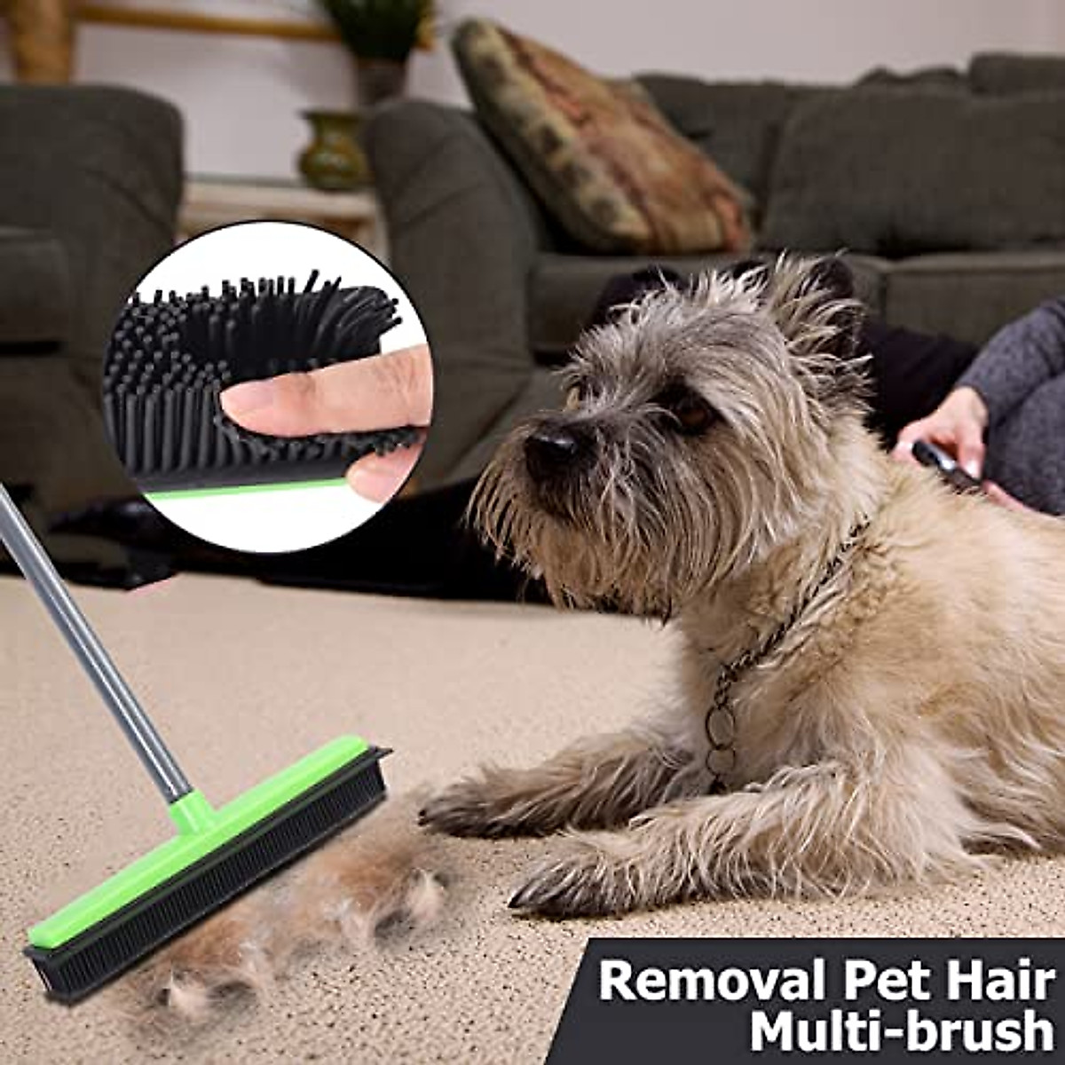 LCF Pet Hair Removal Broom with Squeegee & Telescoping Handle,Non Scratch Bristle Rubber Bruch Carpet Sweeper Outdoor Broom for Hardwood Floor Tile Windows Clean Cleaning (Green)
