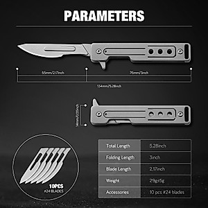 KUQIME Pocket Knife for Men Outdoor Interchangeable Blade Folding Knife with 10 Carbon Steel Surgical Blades - Versatile EDC Tool for Precision Cutting, Crafting and Everyday Carrying (34, Grams)