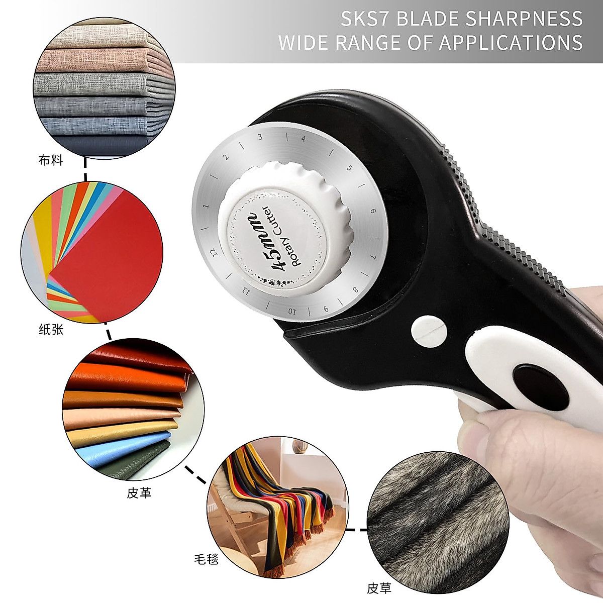 Amogto Rotary Cutter for Fabric, 45mm Fabric Cutter with 7pcs Rotary Cutter Blades, Ergonomic Quilting Supplies Tool for Leather, Crafting, Sewing, Quilting, Fabric Cutter Wheel for Left & Right Hand