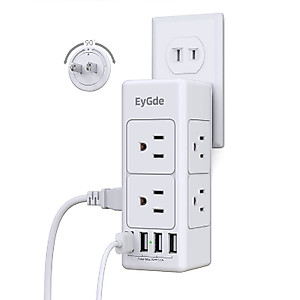2 Prong Power Strip with Rotating Plug, EyGde Multi Plug Outlet Extender, Multiple Outlet Splitter(3 Sided 6 Sockets) and 4 USB Ports, Wall Adapter Surge Protector (1700J) for Travel, Office, White