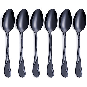Black Dinner Spoon Set, Seeshine 7.6-inch Stainless Steel Shiny Black Soup Table Spoon Silverware, Set of 6