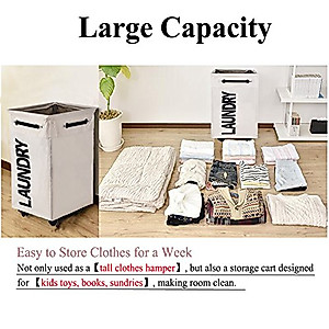 Haundry 86L Large Collapsible Laundry Hamper with Wheels, Rolling Large Clothes Hamper Basket, Wheeled Dirty Clothes Storage Bin, Beige