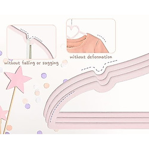 Kids Pink Velvet Clips Hangers - 13inch 50 Pack Toddler Hanger with 20pcs Movable Clips, Stackable Non-Slip Heart Flocked Hangers Fit for Baby and Children Clothes, Heavy-Duty and Space-Saving(Silver)