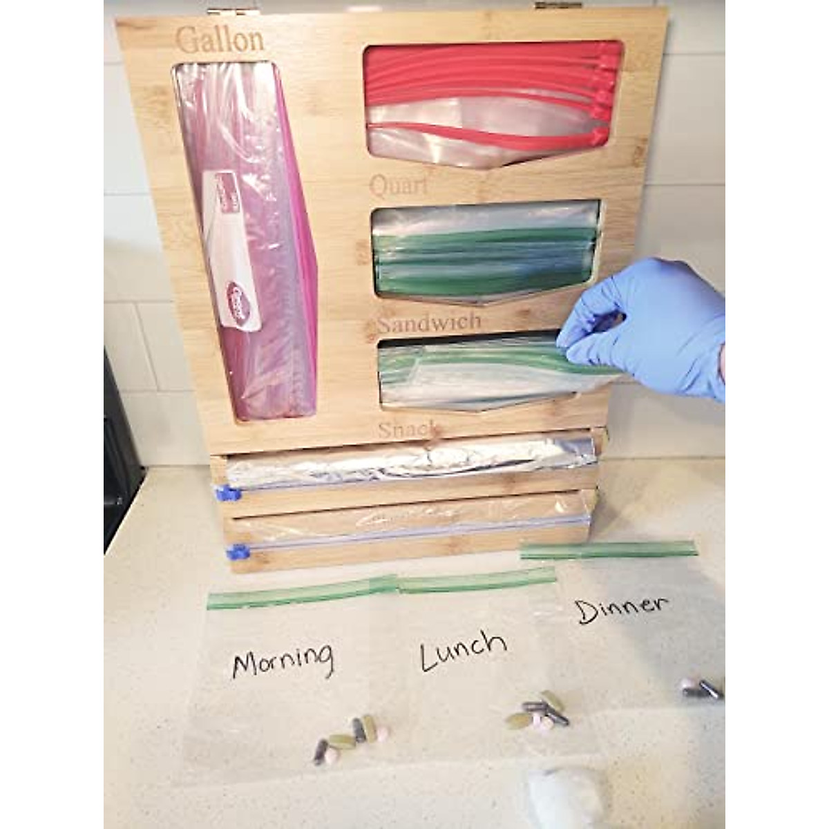 Simplify On the Go Countertop or Wall Mount Kitchen Bamboo 2 in 1 Foil and Sandwich Bag Organizer with 2 Cutters for Aluminum Foil and Plastic Wrap