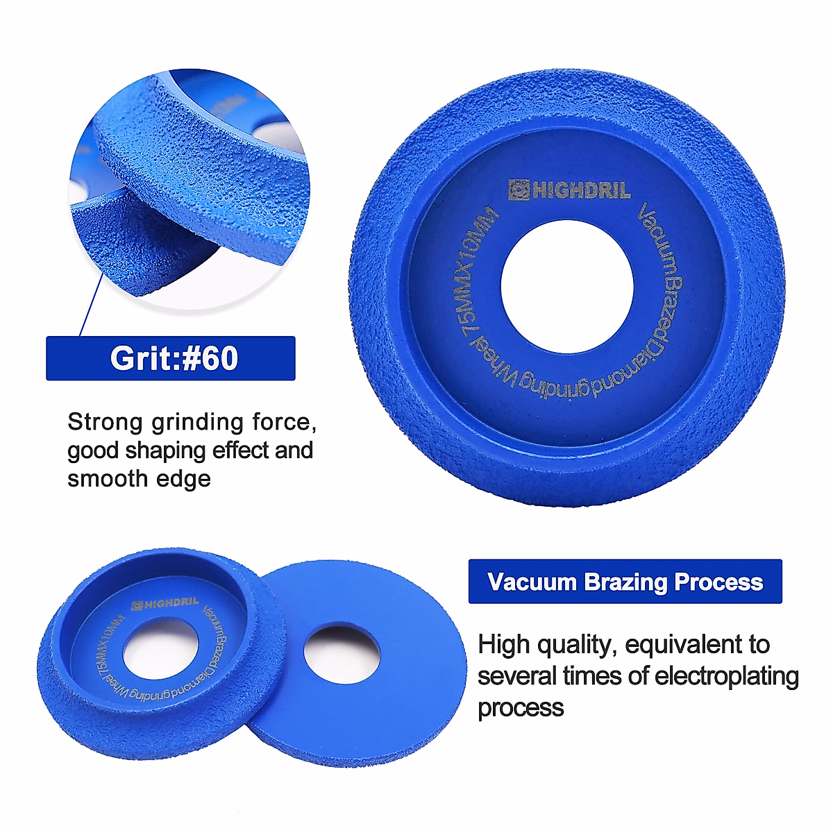 Diamond Profile Wheel 3 Inchx7/8"x10mm, HIGHDRIL Demi-bullnose Edge Abrasive Grinding Wheel Vacuum Brazed Diamond Grinding Disc for Tile,Quartz,Marble,Granite,Ceramic,Artificial stone