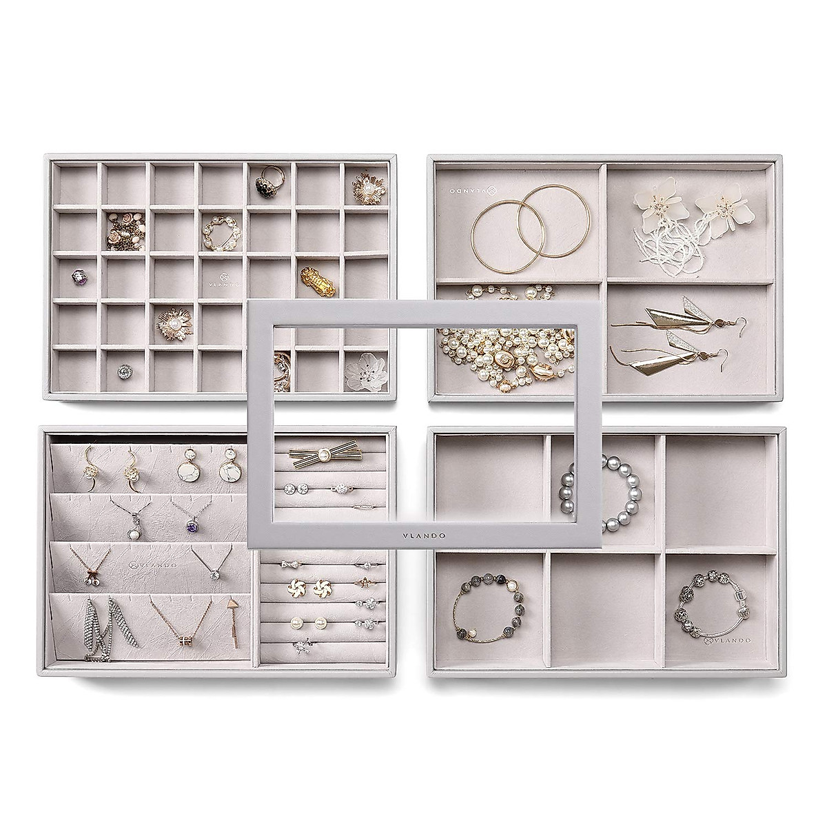 Vlando Jewelry Tray - Faux Leather Glass-top Jewelry Storage Organizer - Earring Necklace Bracelet Ring Display Desktop Drawer Chest, 4-Layer w/Clear Lid, Grey