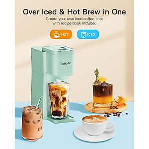 Tastyle Mini Single Cup Coffee Maker, Hot and Iced Coffee Maker for K Cup and Ground, 6 to14 Oz Brew Sizes, with Recipe Book, One Cup Small Pod Coffee Machine for Travel, RV, Dorm and Desk,Green