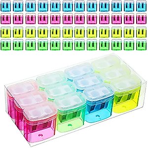48 Pieces Pencil Sharpeners Manual Double Hole Pencil Sharpener with Lid Hand for School Office Home, Handheld Plastic Crayon Sharpener,Colourful Birthday Favor,Christmas Child Stocking
