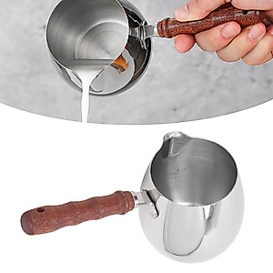 SUNGOOYUE Portable Mini Milk Warmer Pot 304 Stainless Wooden Handle Pointed Spout, Stainless Steel Butter Warmer Pan for Home Outdoor Picnic Cooking Pouring (300ML)