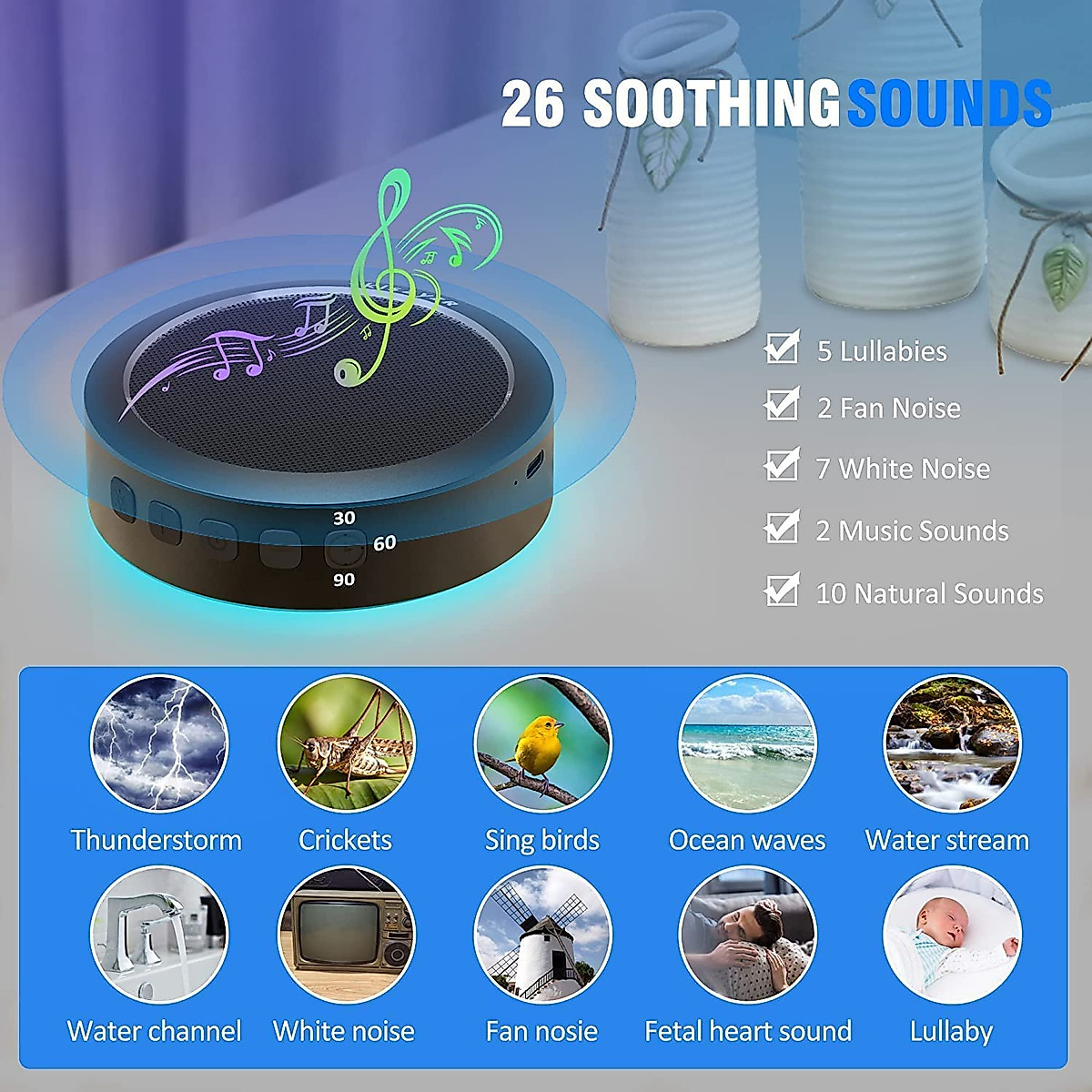 Portable White Noise Machine, Travel Mini Sound Machine with 26 Soothing Sounds and Night Lights, Baby Sound Machine for Kids Sleeping, Noise Cancelling Machine for Office Privacy