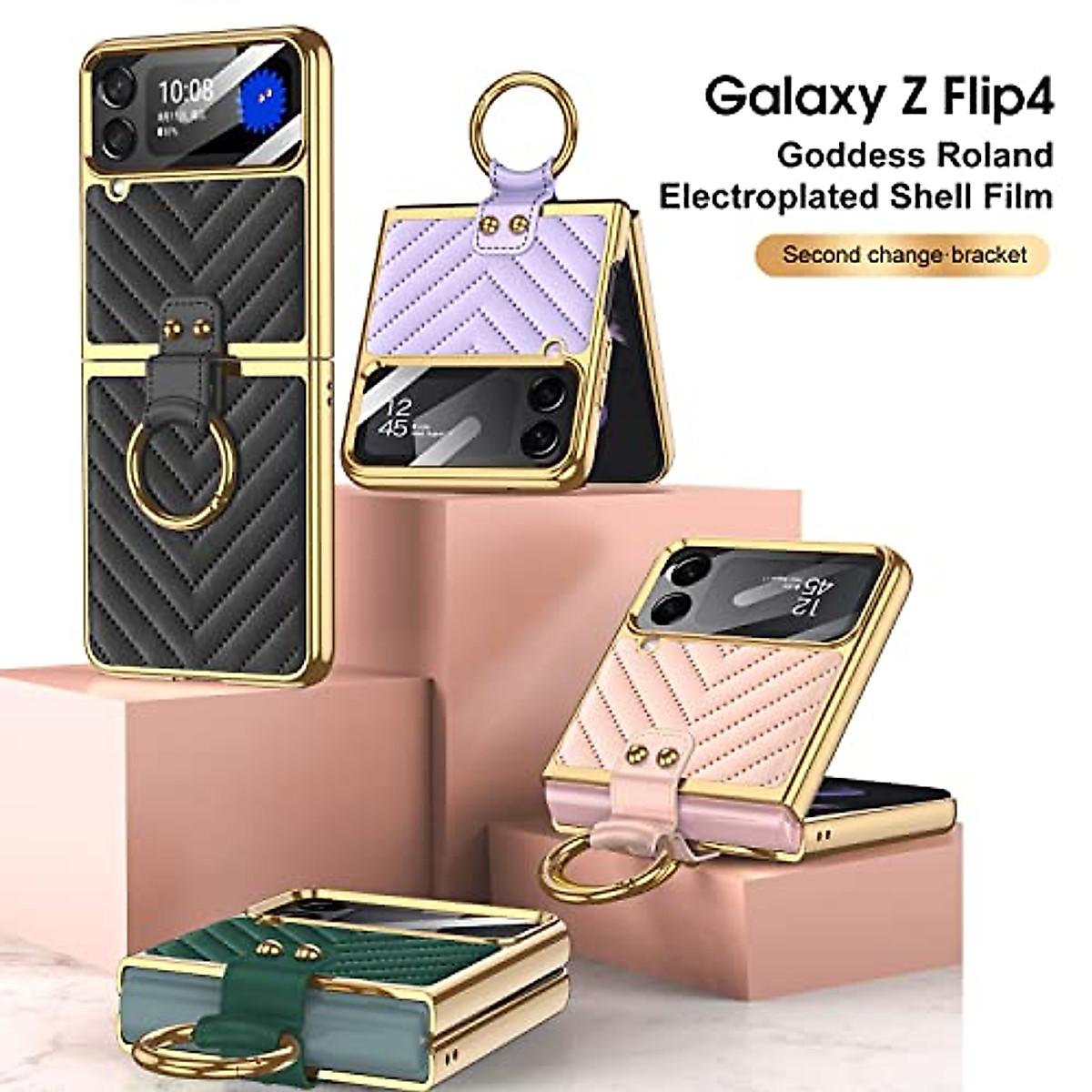 BAILI Samsung Galaxy Z Flip4 Leather Case with Finger Ring Holder Built-in Camera Cover & Screen Protector Samsung Z Flip4 Cover V Shape Pattern Design Leather Case for Z Flip 4 5G-Black