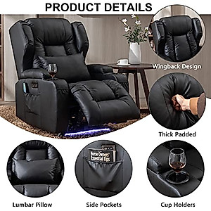 VUYUYU Power Recliner Chair with Heat and Massage, Faux Leather Recliner Sofa Chairs for Living Room Home Theater Seating with LED Lights/Cup Holders/Side Pocket/USB Port/Infinite Position (Black)