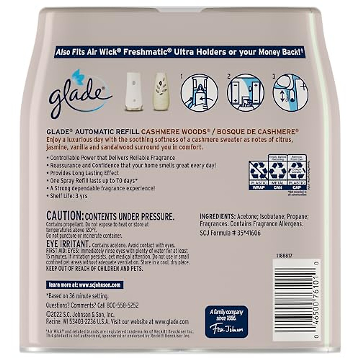 Glade Automatic Spray Refill, Air Freshener for Home and Bathroom, Cashmere Woods, 6.2 Oz, 2 Count