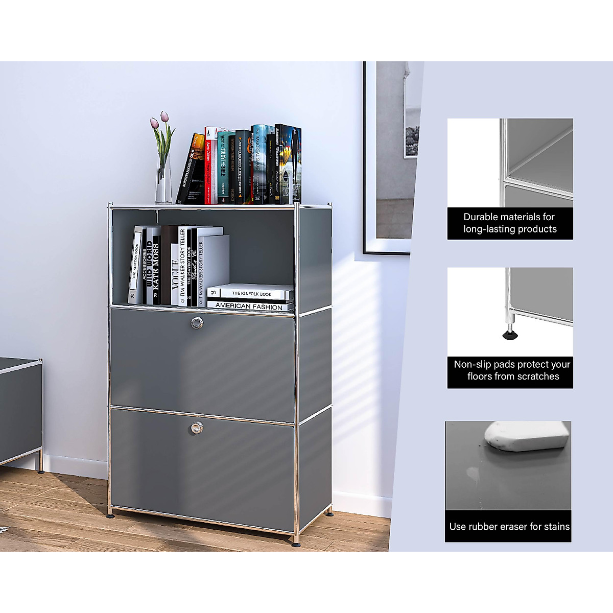 Simplink Metal Shelf with 2 Flap Doors, Large Capacity Cabinet,DIY Modern Home Furnishing,Perfect for Home, Office, Kitchen, Hallway,Foyer (Grey)