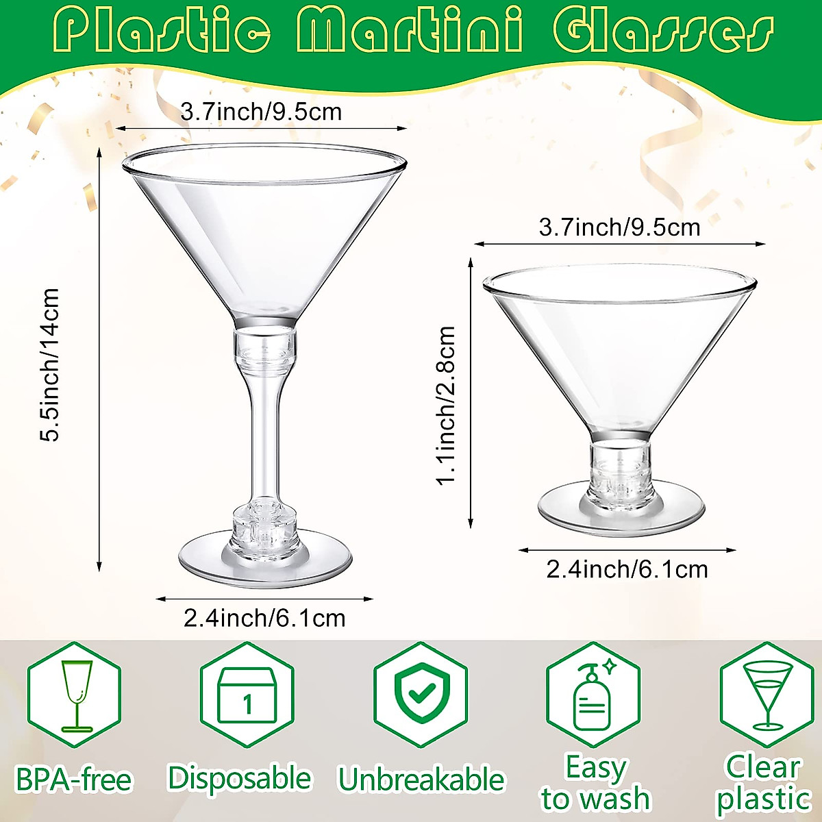 100 Pcs Plastic Martini Glasses 5 oz Disposable Cocktail Glasses Tall Mini Martini Plastic Cups Unbreakable Appetizer Dessert Cups for Margarita Wine Champagne Ice Cream Wedding Party Bar Event