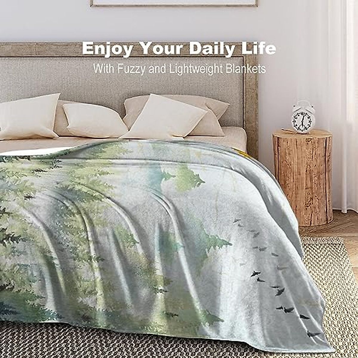 Misty Forest Mountain Blanket Lightweight FlannelWatercolor Foggy Green Rustic Woodland Landscape Birds Nature Art Throw Blanket for Women Men Soft Cozy Plush Warm Fleece Birthday Gifts 50"x60"