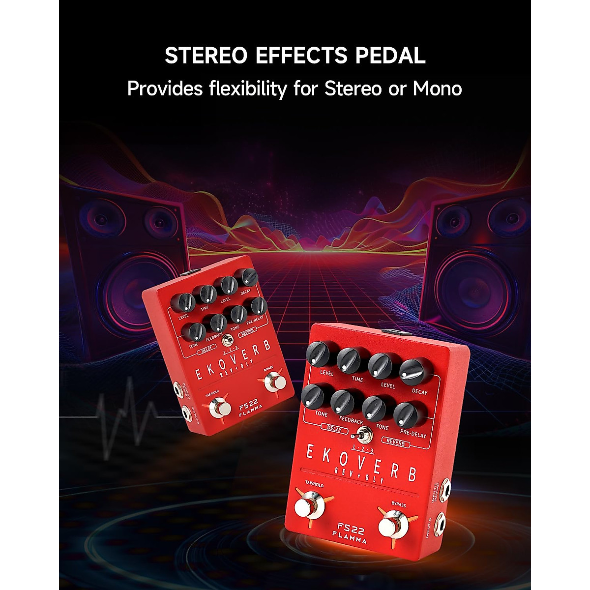 FLAMMA FS22 Stereo Delay & Reverb Combo Effects Pedal Ambient Guitar Pedal with 3 Pairs Combo Effects Reverse Delay Shimmer Reverb Tap Tempo Freeze Trail On Function