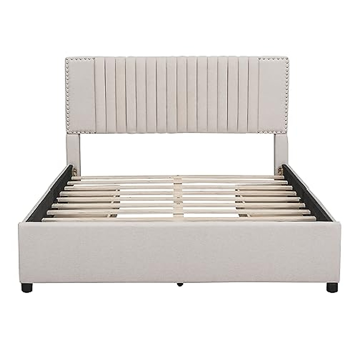 Upholstered Queen Size Platform Bed Frame with 4 Storage Drawers, Linen Fabric Upholstered Platform Bed Frame with Strong Wooden Slats Support/Classic Headboard/No Box Spring Needed (Beige, Queen)