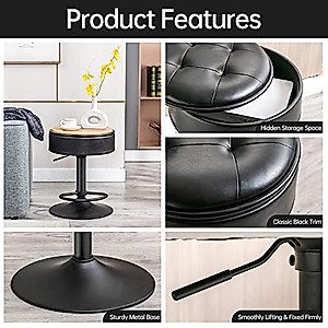 Round Storage Bar Stool Set of 2, Black Faux Leather Height Adjustable Barstool, 360°Counter Height Swivel Stool, Armless Bar Chair with Metal Frame for Kitchen Counter Dining Living Room