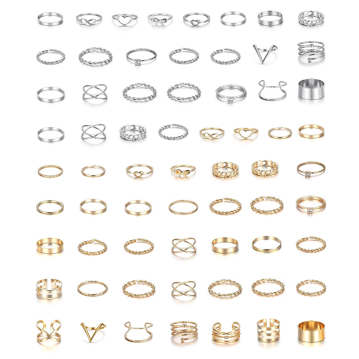 LOYALLOOK 65PCS Bohemian Knuckle Ring Midi Set Hollow Silver Gold Vintage Stackable Rings Fashion Finger for Women
