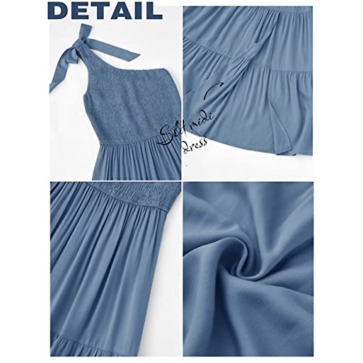 MEROKEETY Women's One Shoulder Sleeveless Shirred High Waist Swing A-Line Midi Maxi Dress,Dustyblue,S