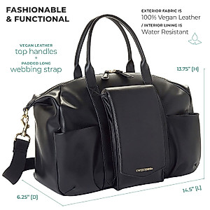 TWELVElittle Peek A Boo Vegan Leather Satchel Diaperbag - Baby Bag with Wipes Pouch, Stroller clips and Diaper Changing Mat, Black, Vegan Leather