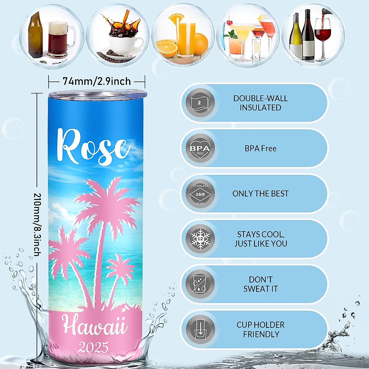 Personalized Tumbler with Name, Custom Beach Vacation Tumblers for Family Friends, Girls Weekend Gifts, 2025 Girls Trip Skinny Tumbler with Lid and Straw, Cruise Trip Gifts, Family Vacation Cups