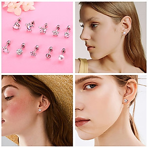 JOERICA 10 Pairs Screw Back Earrings for Women Surgical Steel Hypoallergenic Earrings Stud CZ Heart Flower Pearl Butterfly Turtle Screw on Earrings Pink CZ
