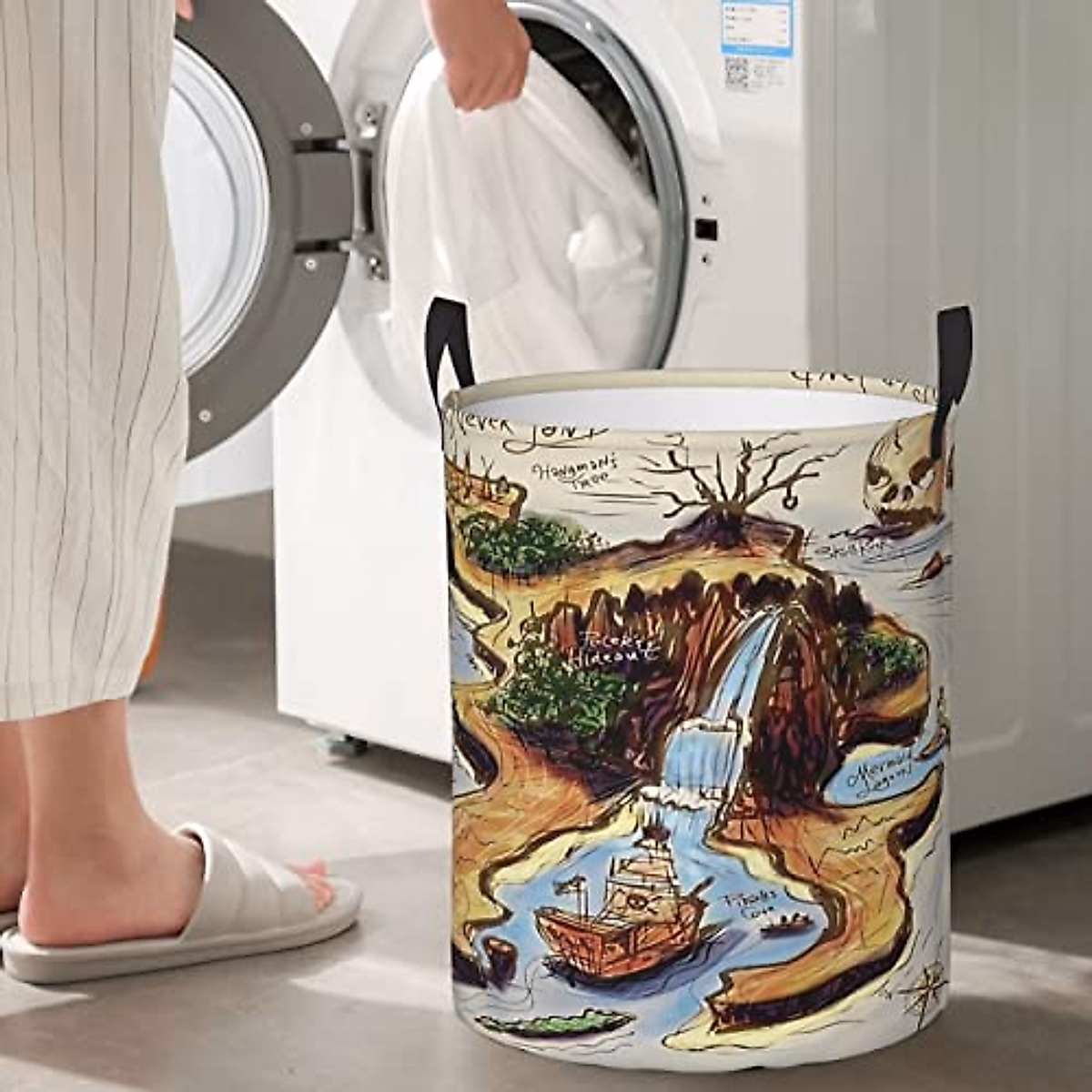 Laundry Basket,Peter Pan Neverland Map,Large Canvas Fabric Lightweight Storage Basket/Toy Organizer/Dirty Clothes Collapsible Waterproof For College Dorms-Large